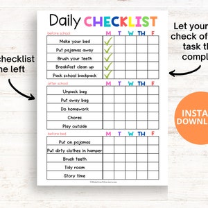 Chore Chart for Kids, Kids Chore Chart Printable, Daily Checklist for ...