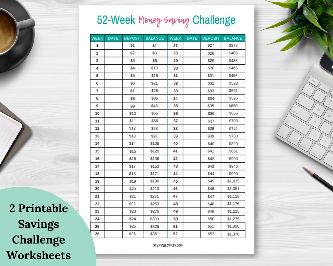 Money Saving Challenge Worksheet - Savings Tracker, Financial Planner ...