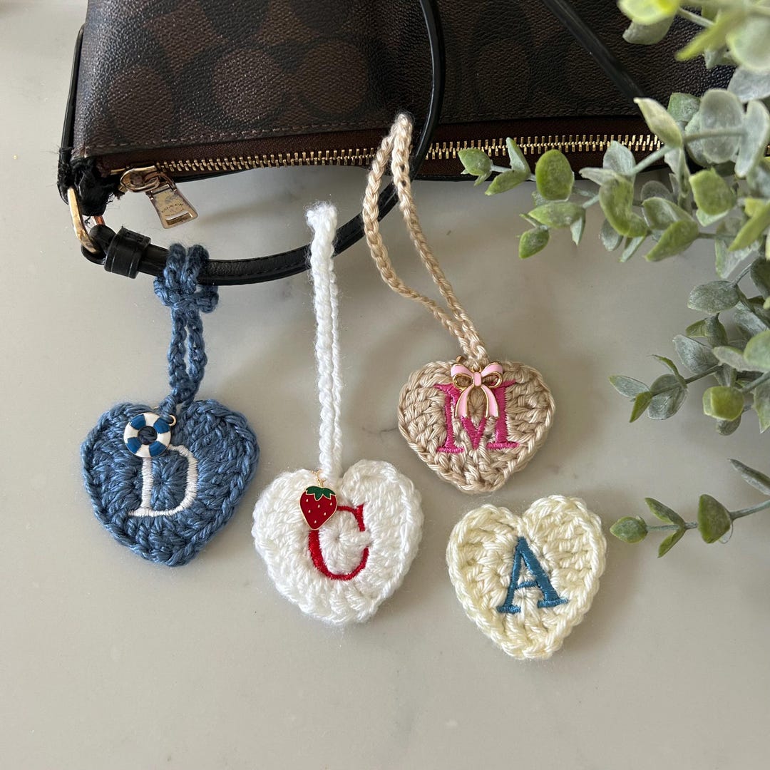 Personalized Crochet Heart Bag Charm: Embroidered Initial, Mini ...