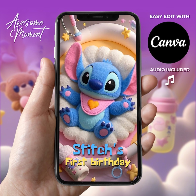 Stitch 1st Birthday Video Invitation: Animated Canva Template (digital ...