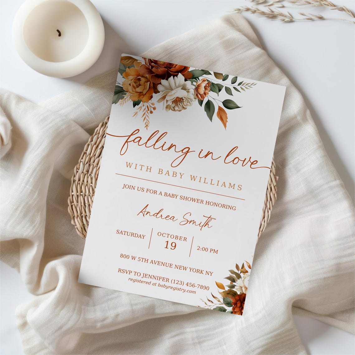 Falling in Love Baby Shower Invitation Template, Fall Floral Babyshower ...