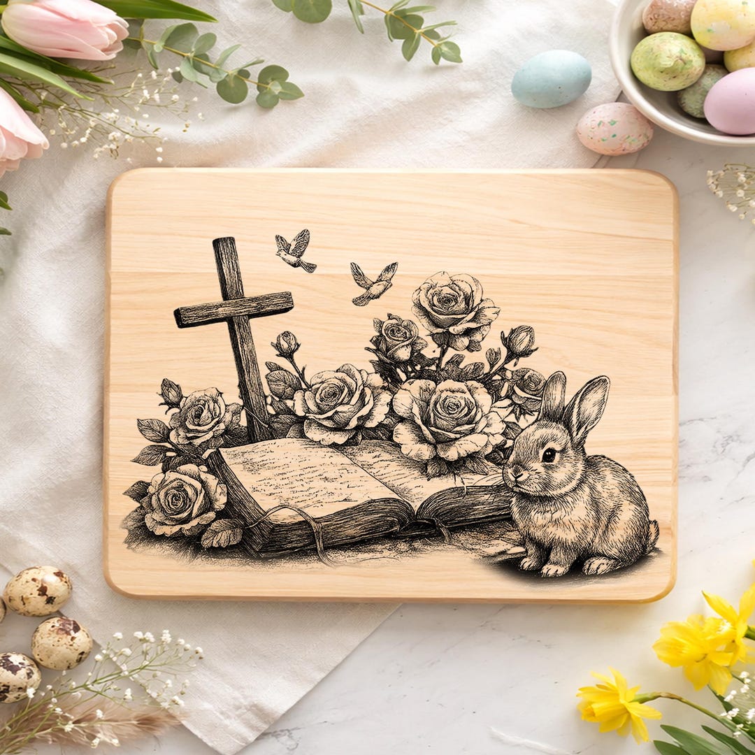 Easter Cross Bible With Bunny and Flowers, PNG Laser Engraving File ...