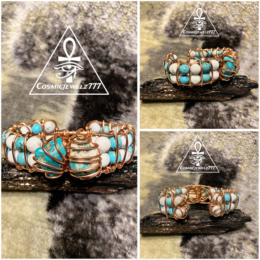 TURQUOISE HOWLITE HOWLITE Copper Adjustable Crystal Cuff Bracelet size ...
