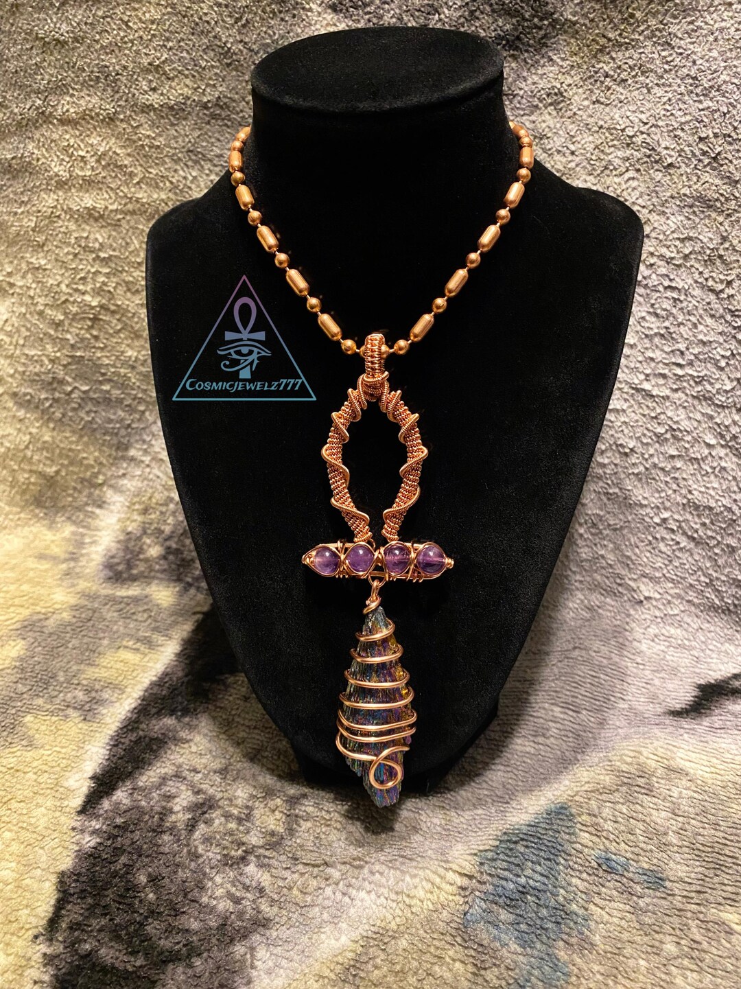 TITANIUM BLACK KYANITE • Amethyst • Copper Ankh Crystal Pendant ...