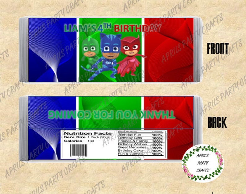 PJ Masks Personalized Chocolate Bar Wrappers 8 Labels per Set/ Printed ...