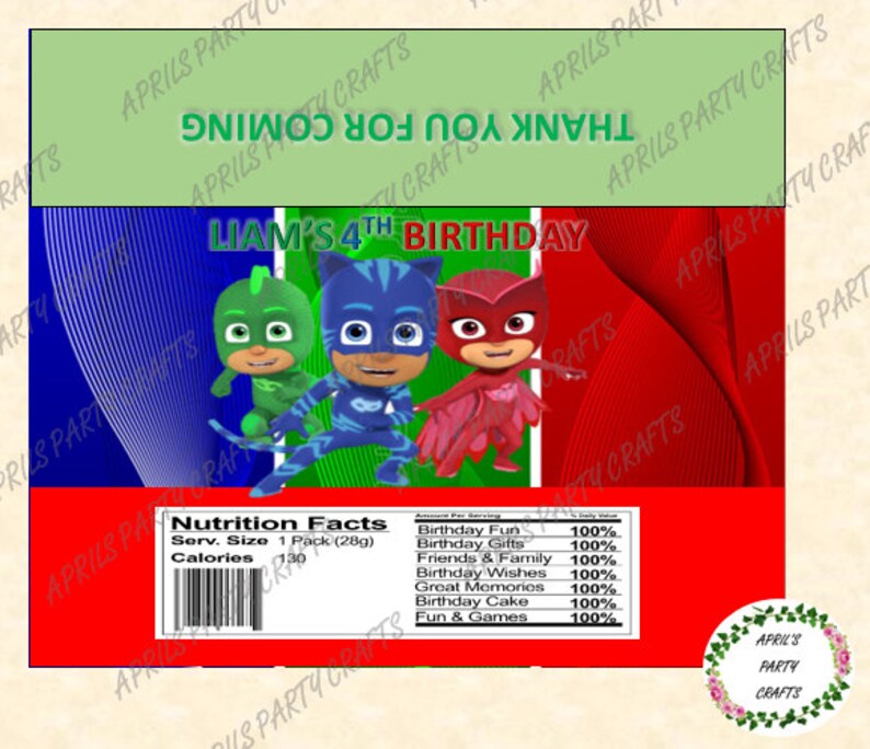 PJ Masks Personalized Chocolate Bar Wrappers 8 Labels per Set/ Printed ...