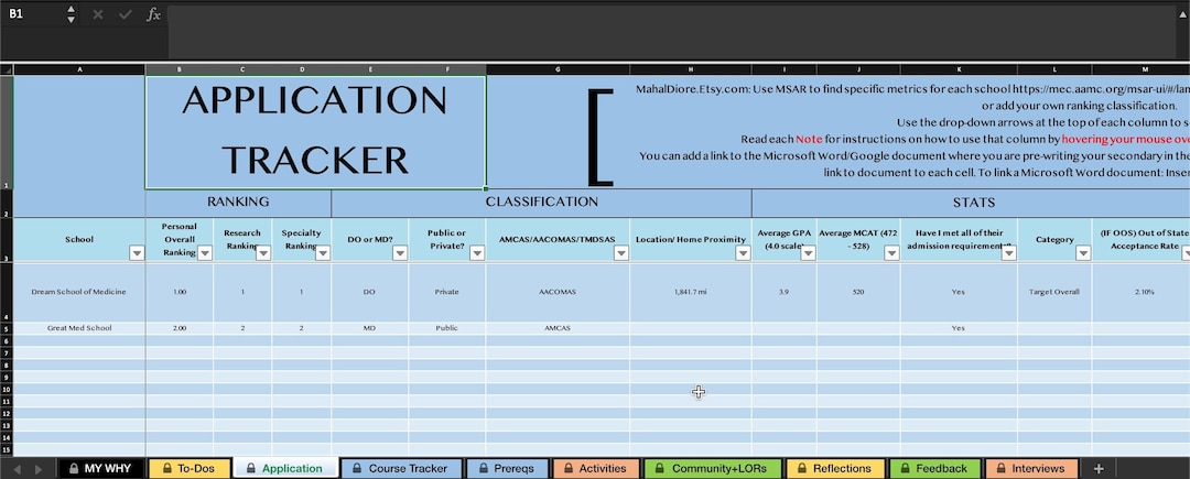 Medical School Application Tracker Excel Template Sheet Pack Best Spreadsheet on Etsy for AMCAS ...