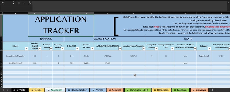 Medical School Application Tracker Excel Template Sheet Pack Best ...