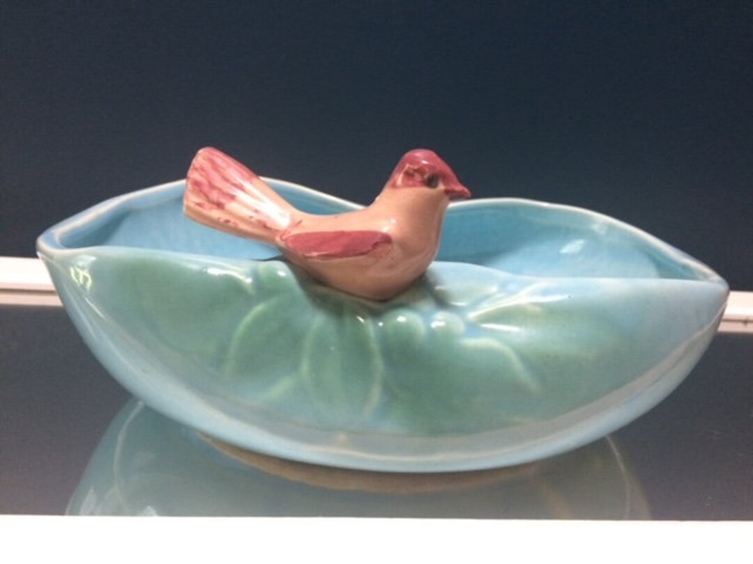 1940s Mccoy "bird Bath" Turquoise Blue Bowl/planter With Cardinal - Etsy