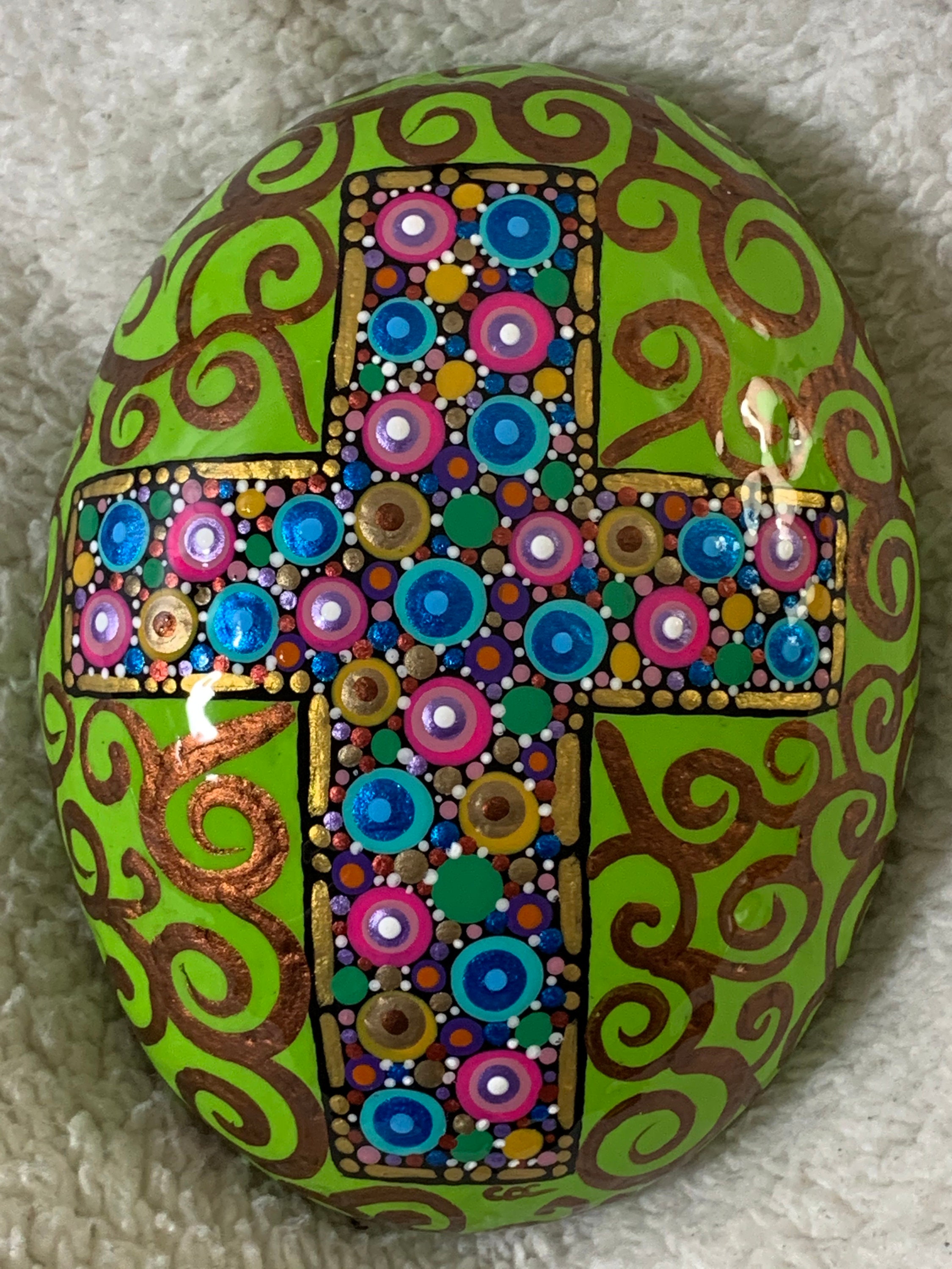 Green Decorative Christian Cross. Painted Rock | Etsy