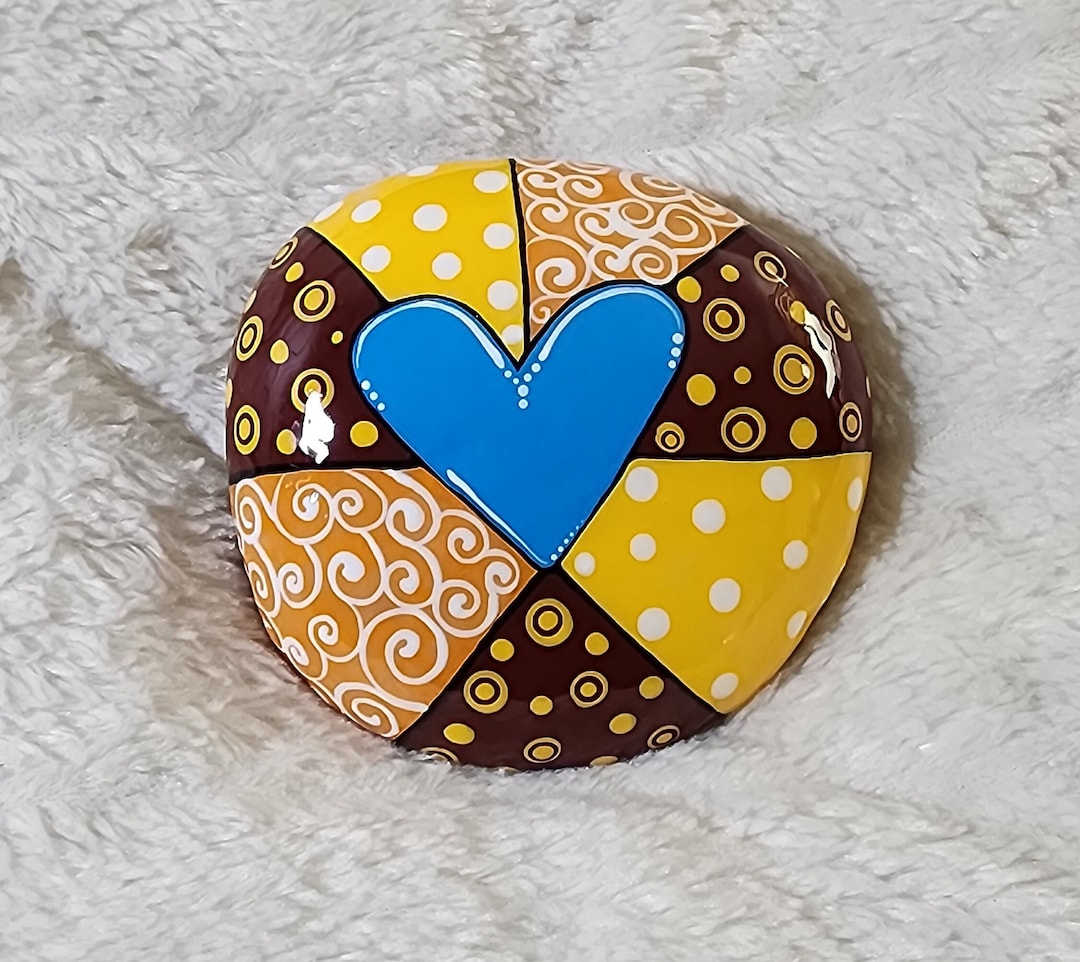 Heart Rock, Painted Rock, Large Garden Stone, Patchwork Quilt Art, Room ...