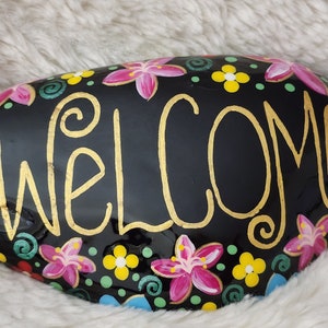 Welcome Painted Rock, Welcome Garden Sign, Landscape Stone, Garden Rock ...