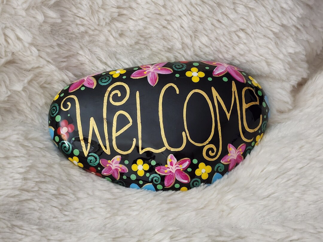 Welcome Painted Rock, Welcome Garden Sign, Landscape Stone, Garden Rock ...
