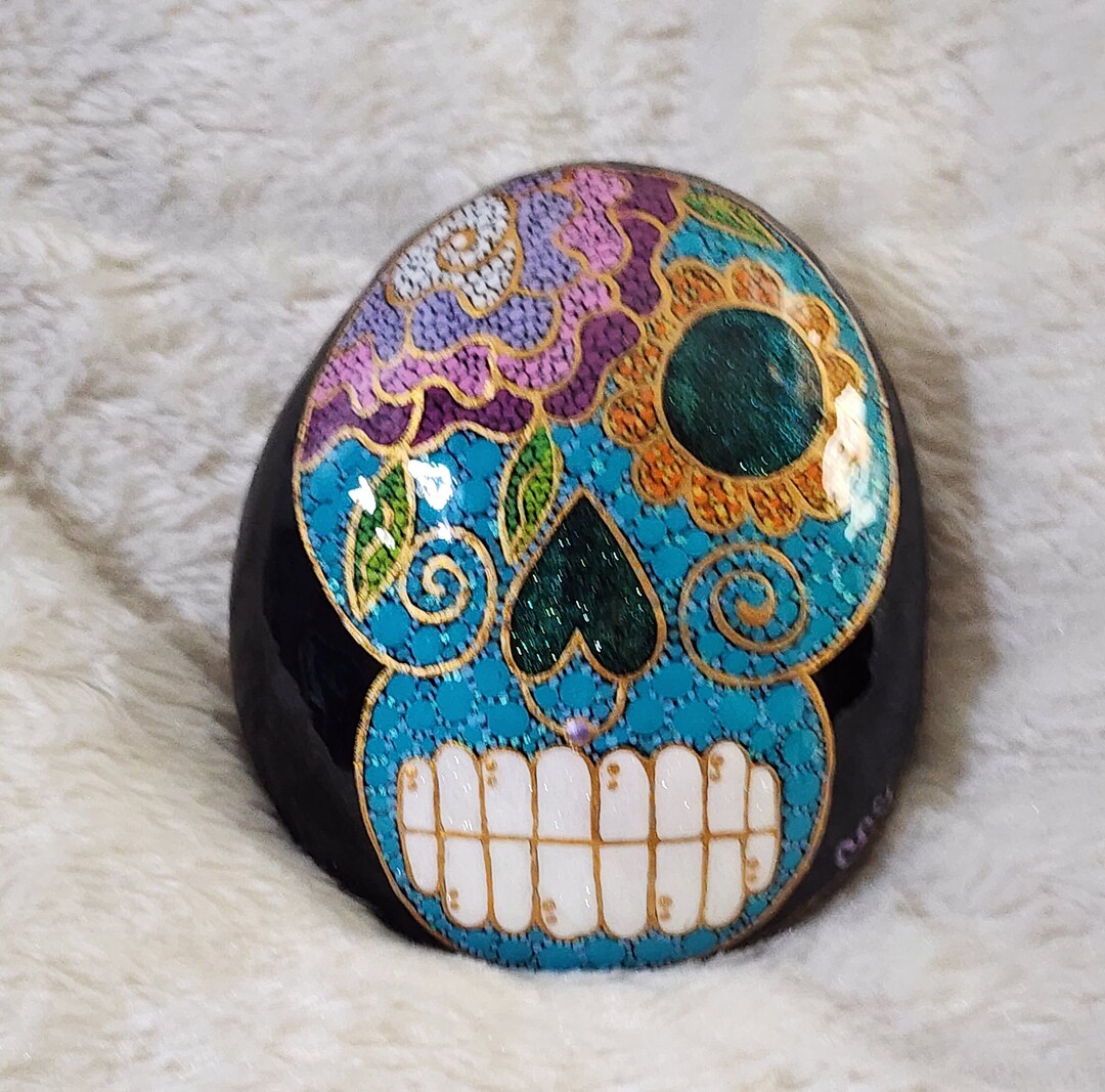 Sugar Skull, Painted Rock, Day of the Dead Decor, Mandala Stone, Skull ...