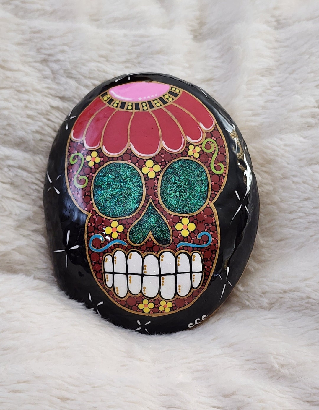 Sugar Skull, Painted Rock, Day of the Dead Decor, Mandala Stone, Skull ...