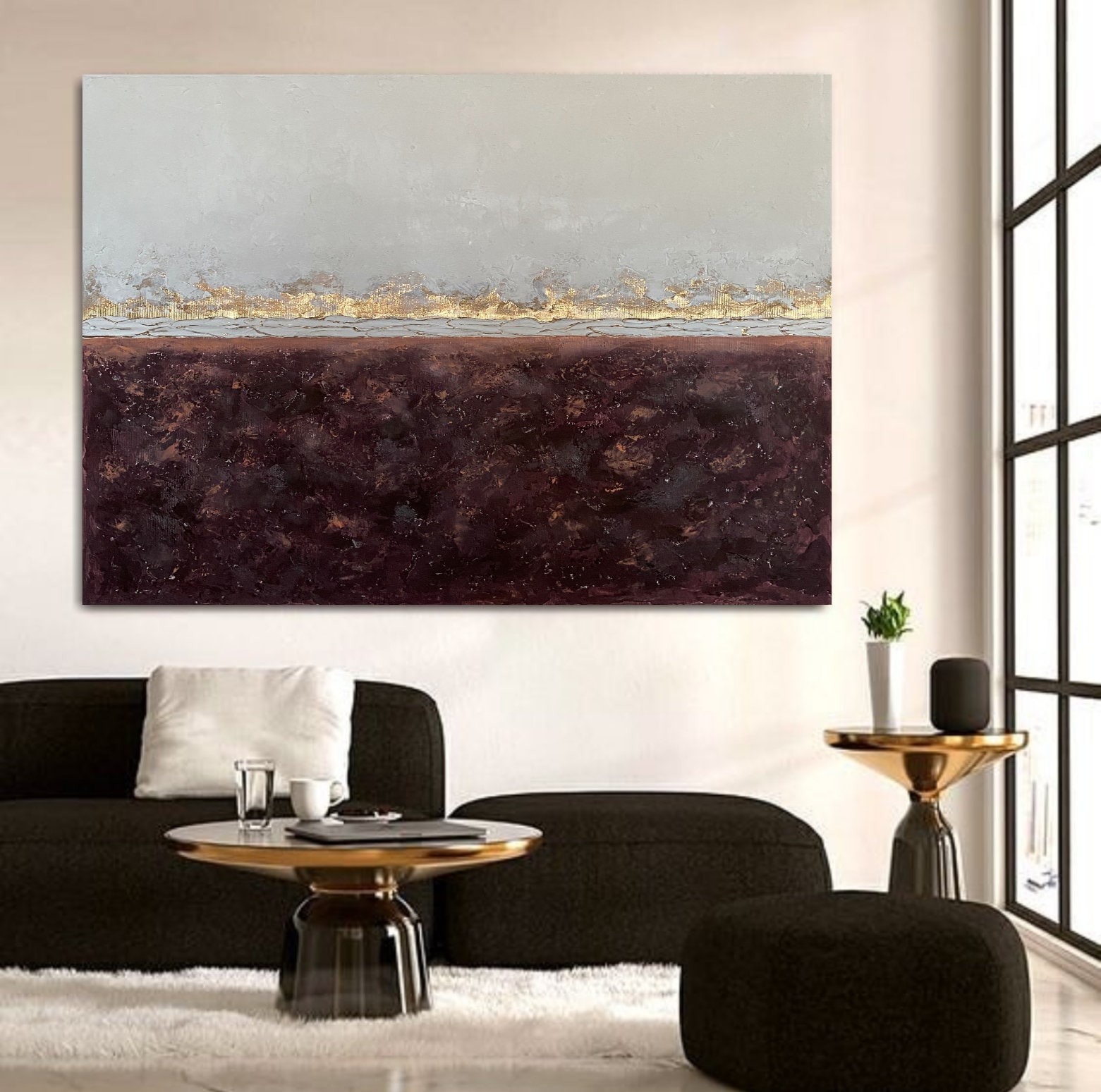Burgundy Wall Art Embellished Gold Leaf Canvas Modern Painting Living ...
