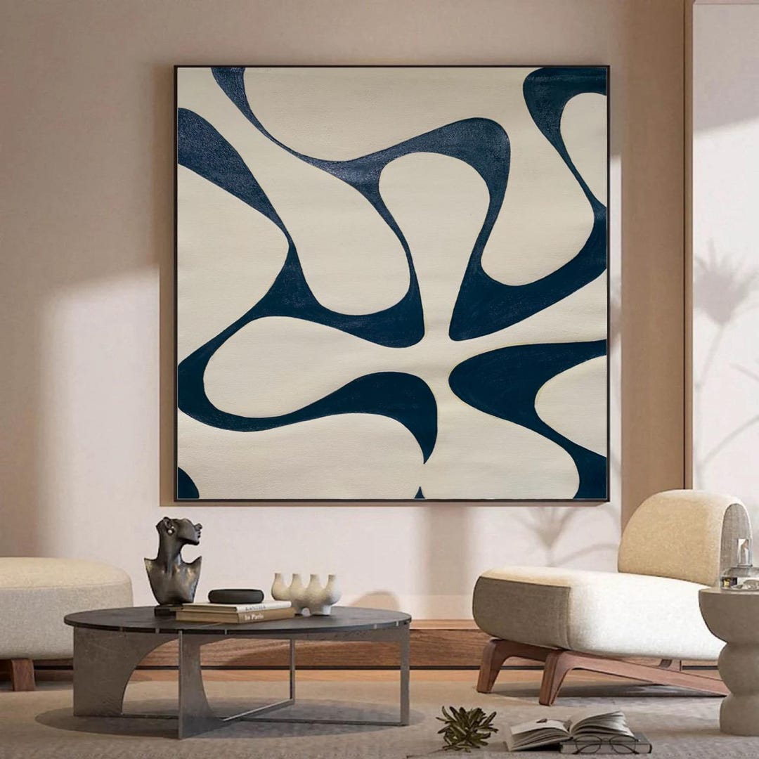 Navy Blue Boho Painting for Living Room Wabi Sabi Wall Art Minimalist ...