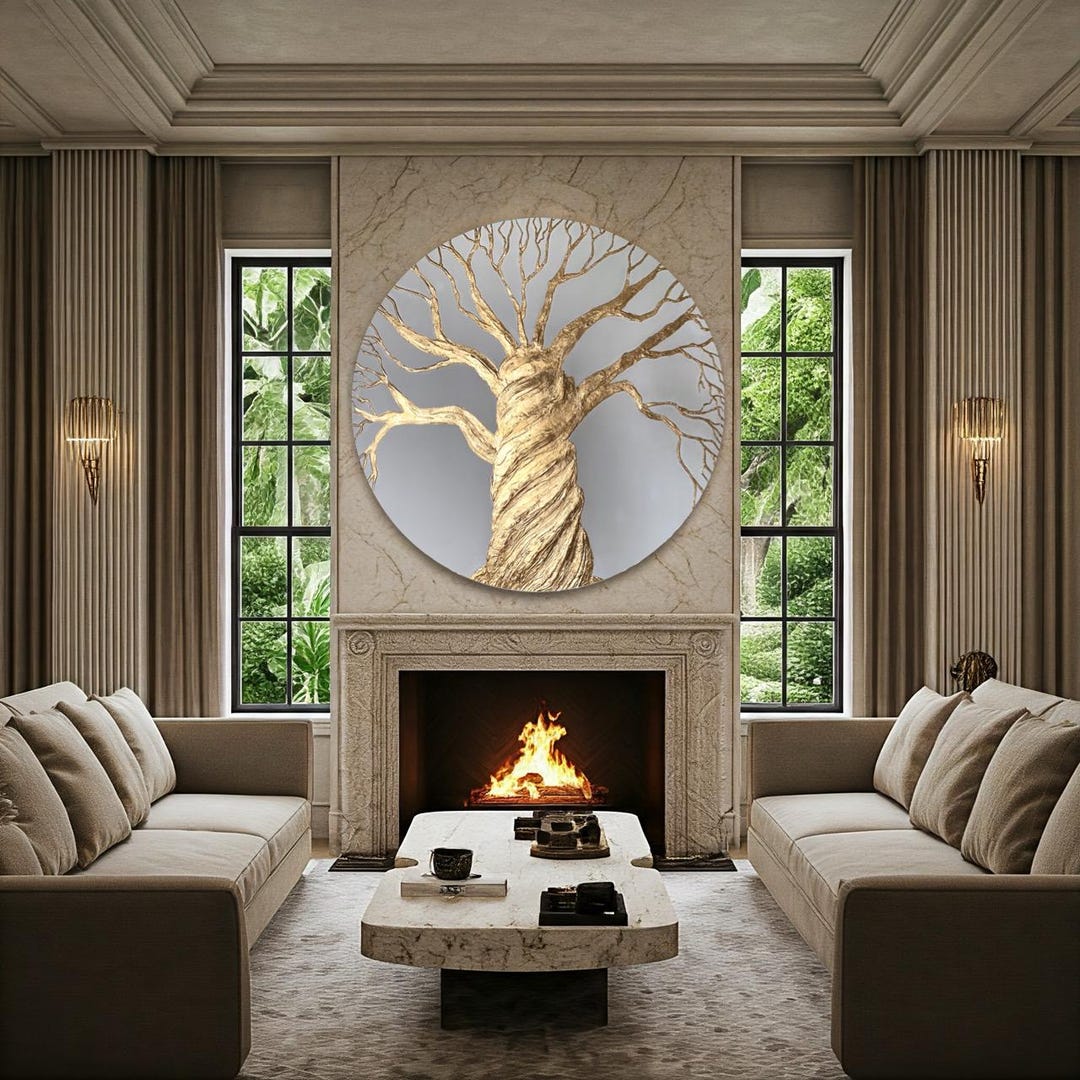 Extra Large Circle Original Wall Decor Shine Gold Tree 3D Textured Art ...