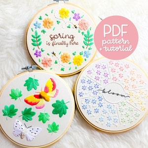 Spring Series SET - Cute Florals, Bumblebees, and Moths - 3 Embroidery ...