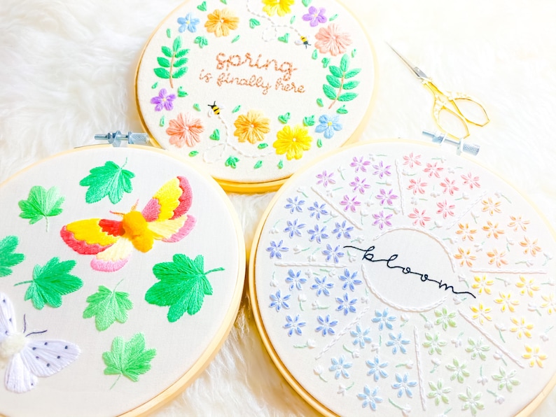 Spring Series SET - Cute Florals, Bumblebees, and Moths - 3 Embroidery ...