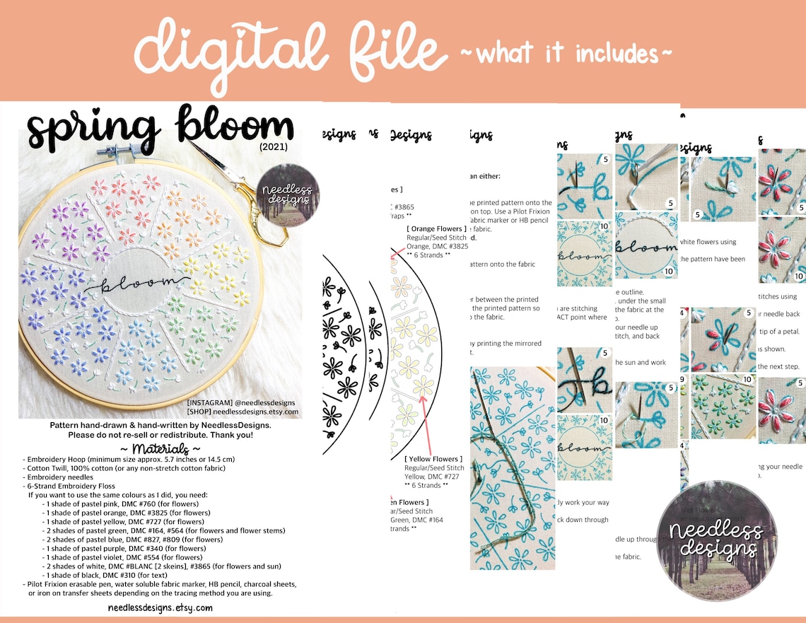 Spring Bloom Pastel Rainbow Flowers Hand Embroidery Design | Etsy