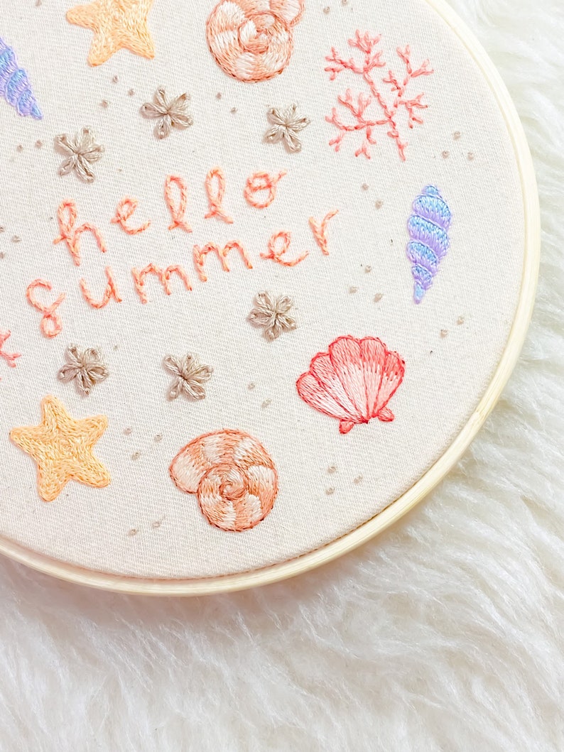 Hello Summer Beach Seashells Hand Embroidery Design - Etsy