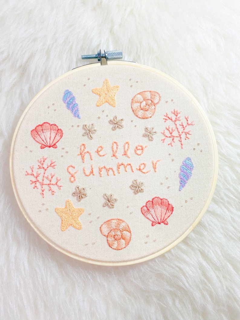 Hello Summer Beach Seashells Hand Embroidery Design - Etsy