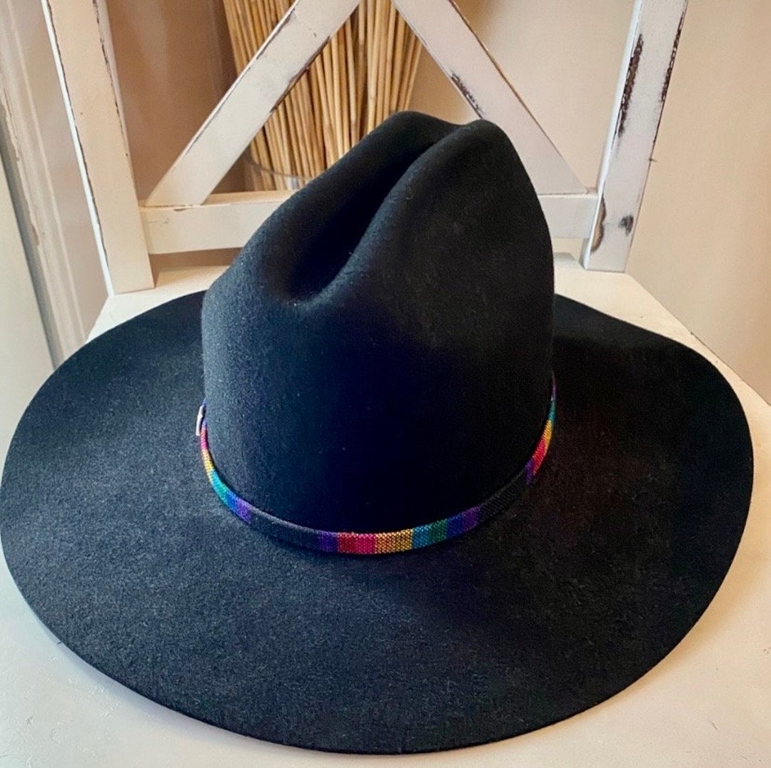 Vintage SMITHBILT Black Wool Cowboy Hat Colorful Belt Detail Western ...