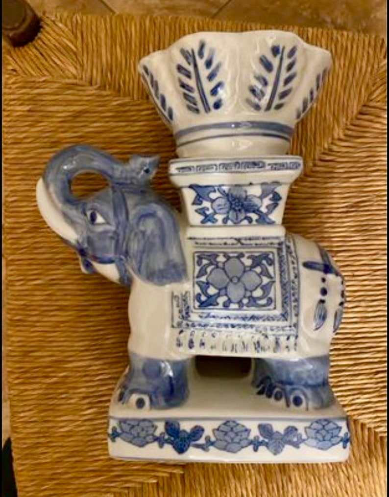Vintage Chinoiserie Bar Elephant With Bowl in Blue and White Porcelain ...