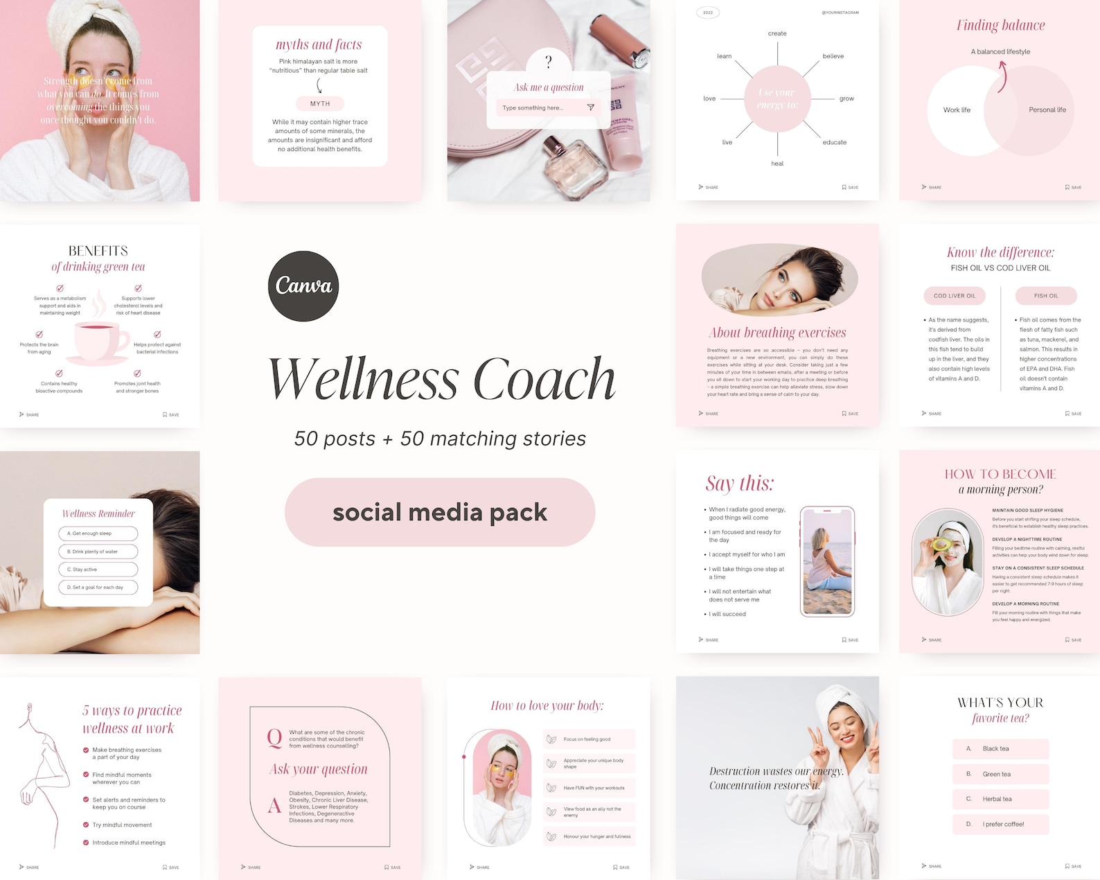 Pink Health and Wellness Templates Wellness Social Media - Etsy