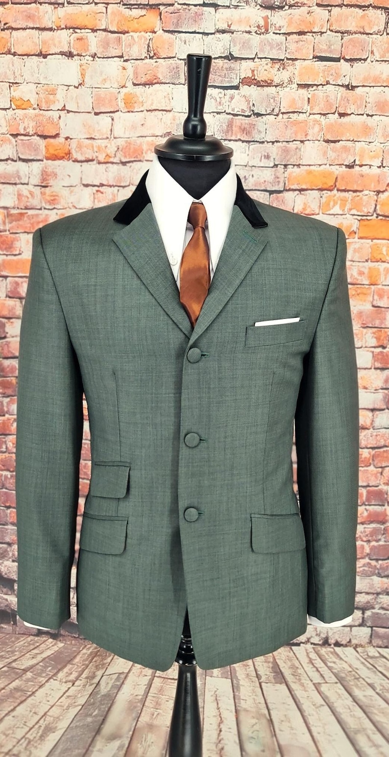Mod Suit Skinhead 3 Button Tailored Fit Green & Black Fine 100% Wool ...