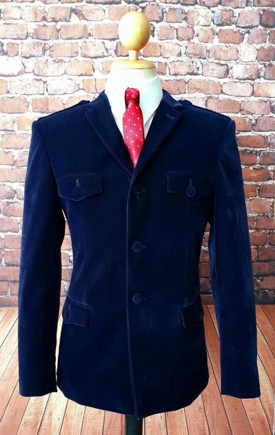 Navy Velvet Safari Jacket Retro 1960's Mod Jacket 4 Top Flap Pocket ...