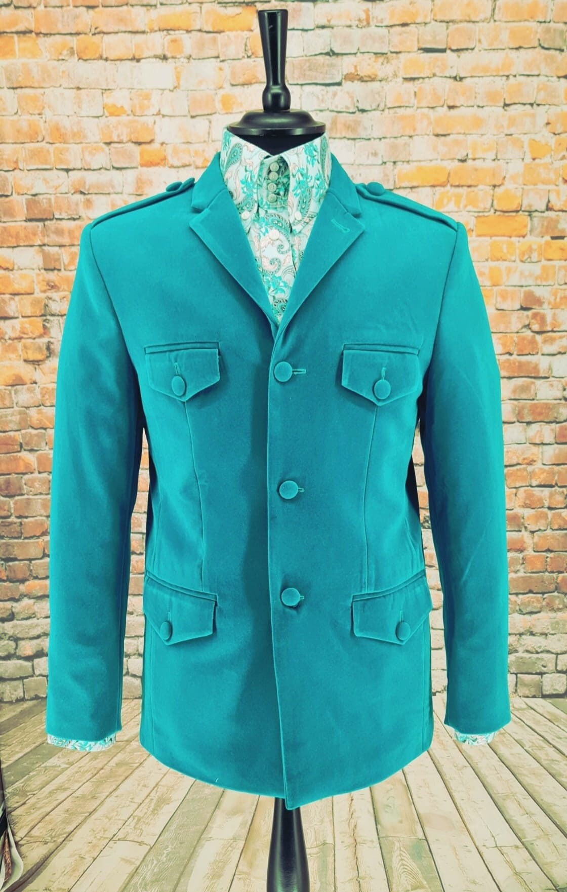 Teal Velvet Safari Jacket Retro 1960's Mod Jacket 4 Top Flap Pocket ...