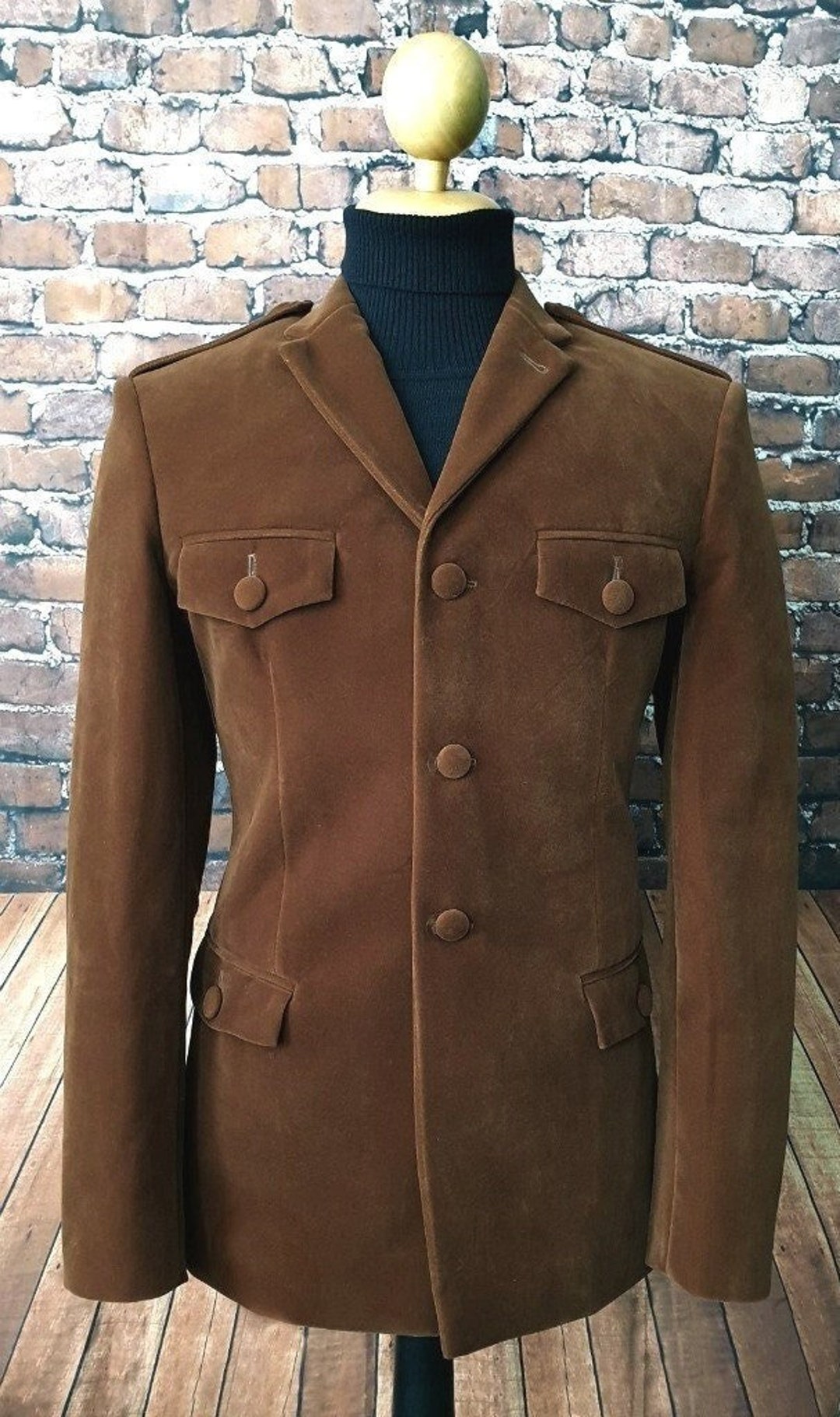 Tobacco Velvet Safari Jacket Retro 1960's Mod Jacket 4 Top Flap Pocket ...