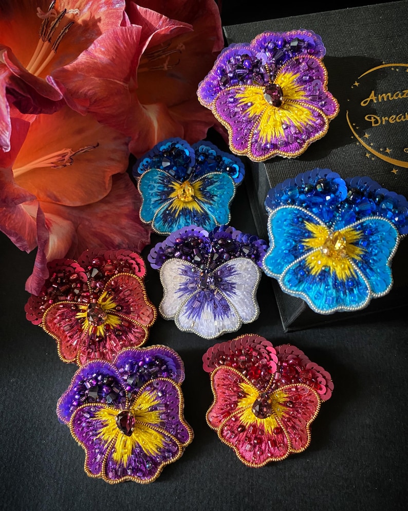 Pansy Flowers Embroidered Brooches With Sequins, Viola Beaded Brooch - Etsy