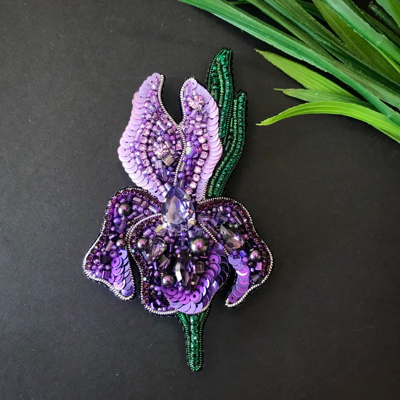 Iris Handmade Beaded Brooch With Sequins, Flower Pin - Etsy
