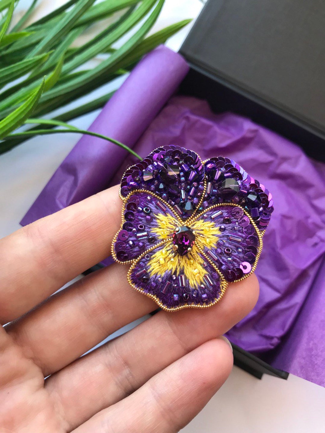 Purple Pansies Embroidered Brooch With Sequins - Etsy