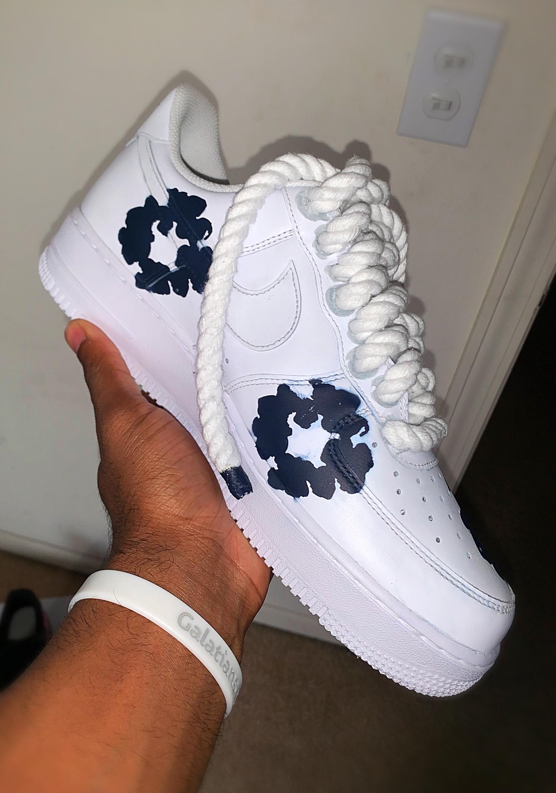 Custom White and Blue Flower Print Af1s Custom Fashion Shoes Rope Lace ...