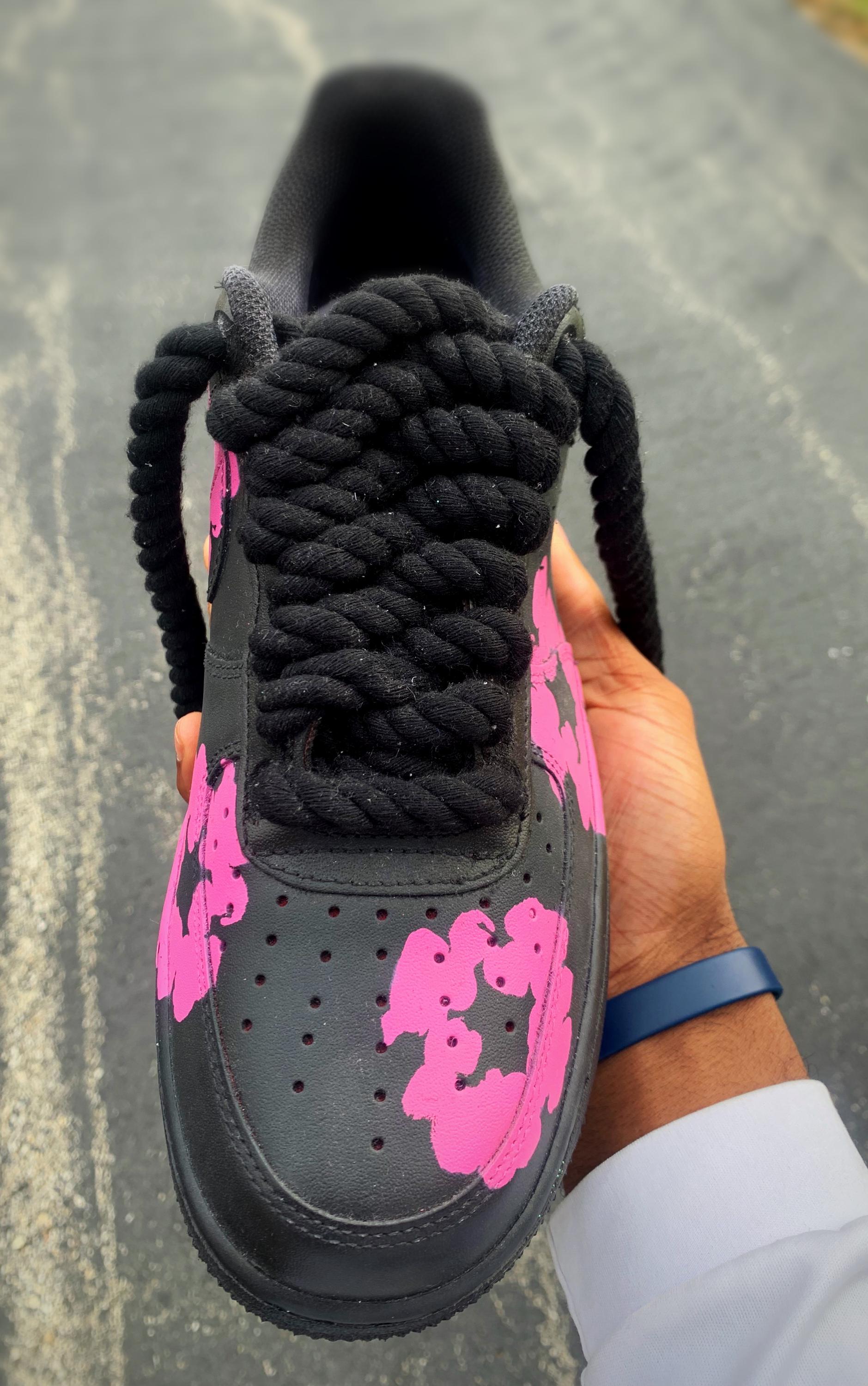Hand Painted Black AF1: Pink Floral Print, Rope Lace Fashion Sneakers ...