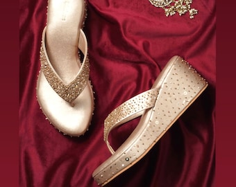 Gold Vegan Synthetic Leather Women wedges V strap Bridal Wedges Bridal Footwear with Embroidery Indian Ethnic Bridal Shoe Footwear