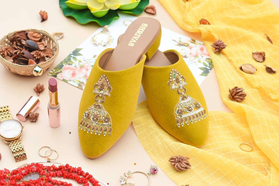 Buy Women's Mustard Yellow Suede Embroidered Mules ,handcrafted ...