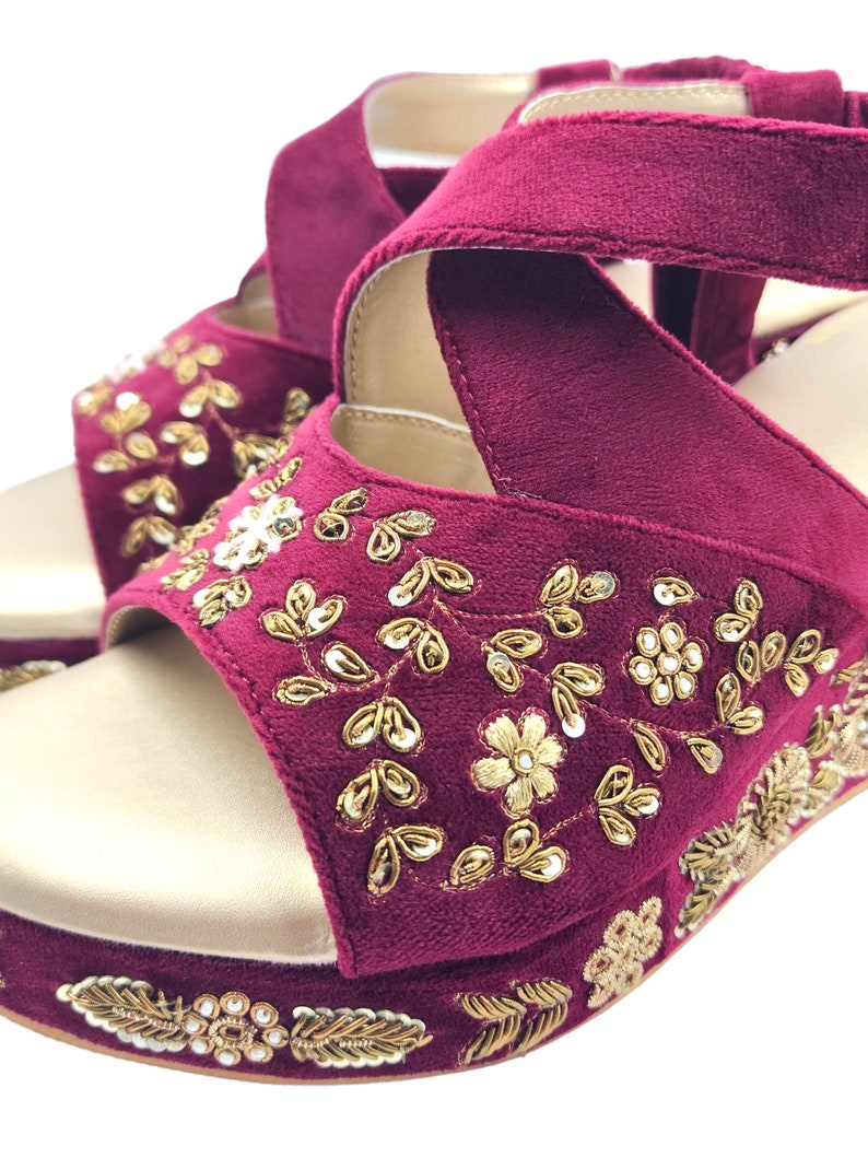 Burgundy Velvet Bridal Wedges, Zardozi Embroidery Indian Wedding Shoes ...