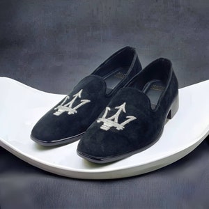 Men Black Velvet Embroidered Loafers Slipons Shoes | Groom Shoes - Etsy