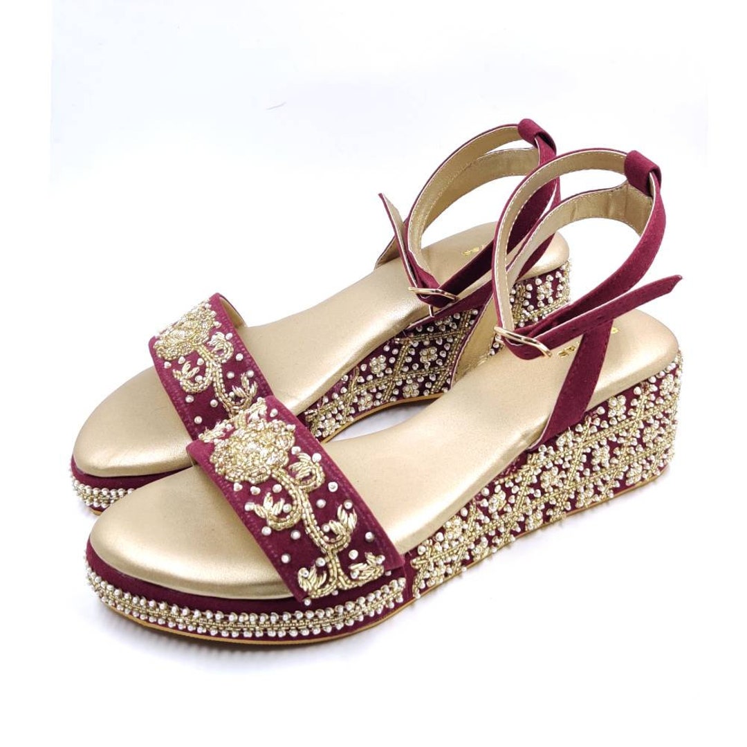 Maroon Velvet Wedges: Hand Embroidered Indian Bridal Shoes - Etsy