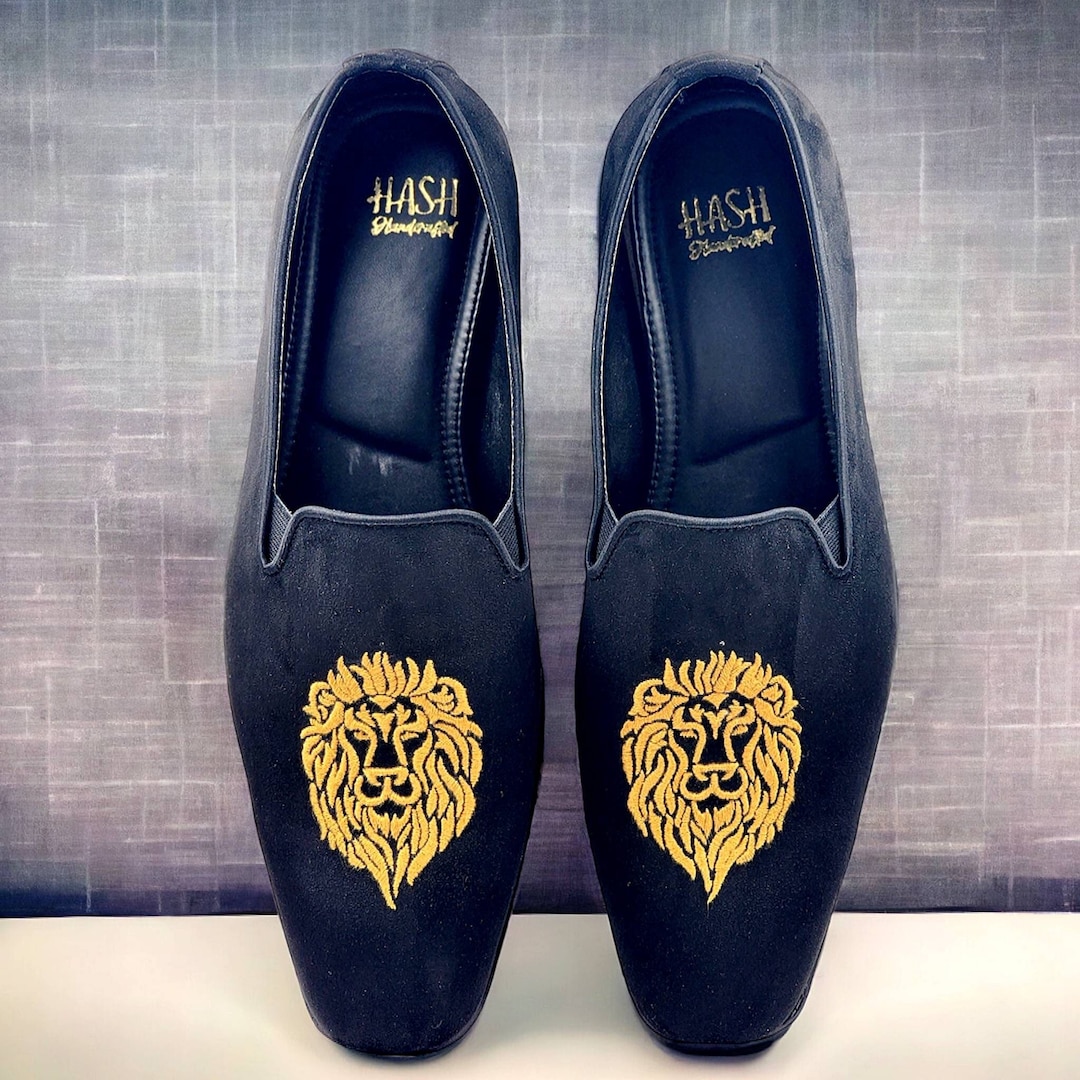 Men Black Vegan Suede Loafers Slipon Shoes With Hand Embroidery | Groom ...