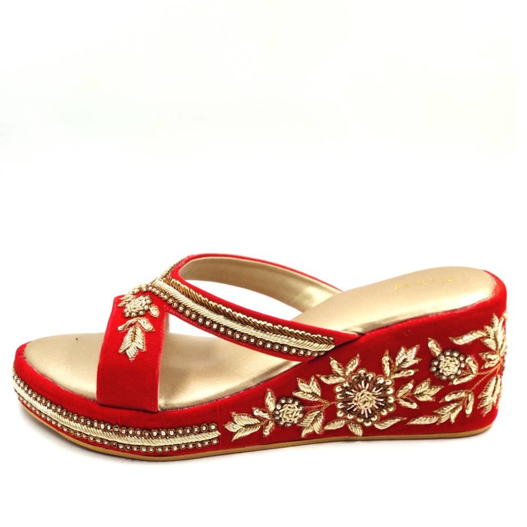 Ethnic Indian Women Red Suede Vegan Leather Shoe With Embroidery ...