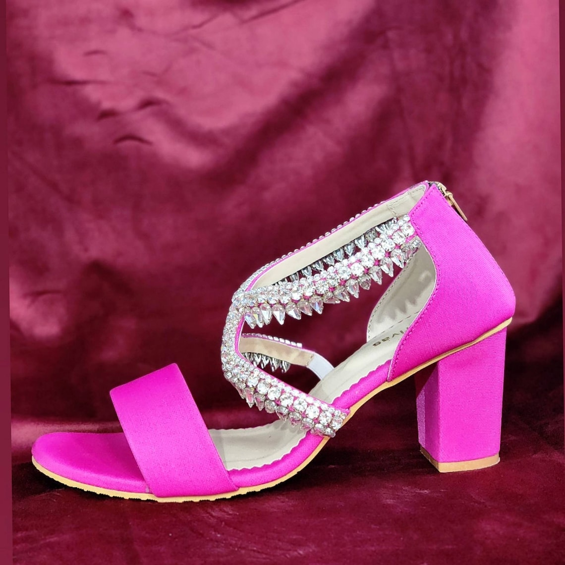 Women Hot Pink Block Heels With Rhinestones Bridal Heels - Etsy