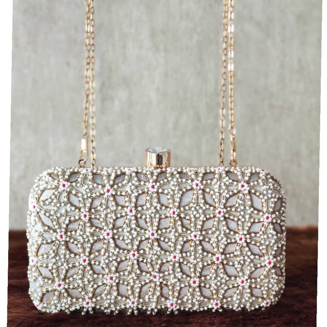 Silver Evening Clutch Handbag , Party Purse Indian Zardozi Clutch Sling ...