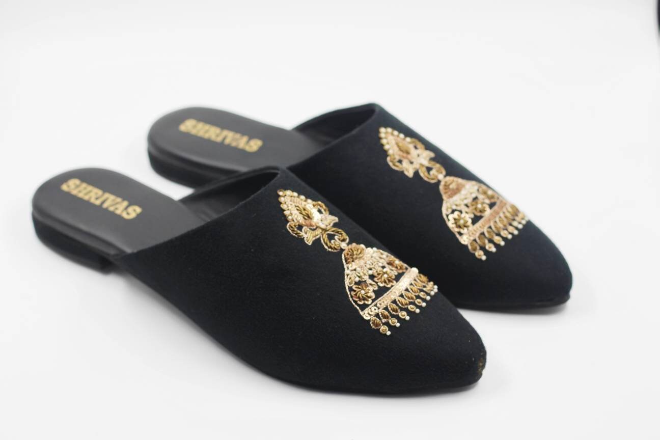 Women's Mustard Yellow Suede Embroidered Mules ,handcrafted Designer ...