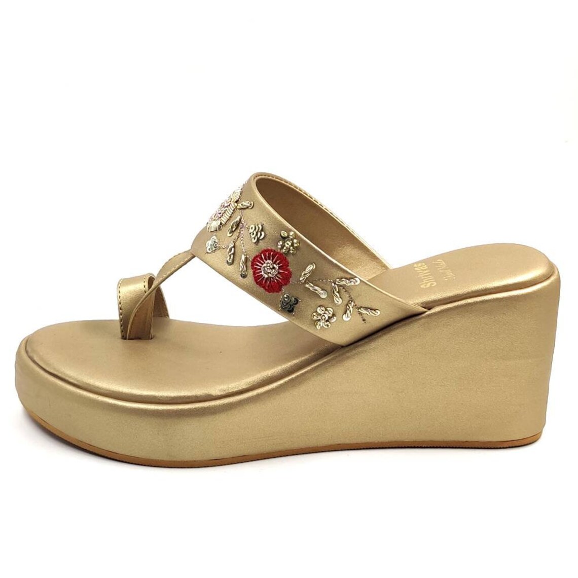 Gold Wedge Heel Gold Embroidered Wedge Vegan Leather Wedges Embroidered ...